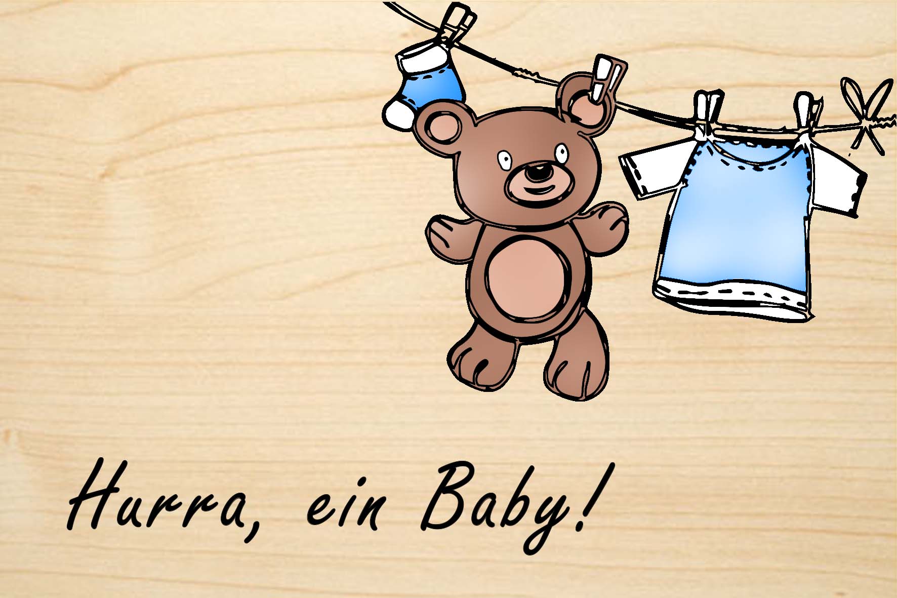 Holzgrusskarte - Geburt - Hurra, ein Baby! / Wäscheleine, farbig ...